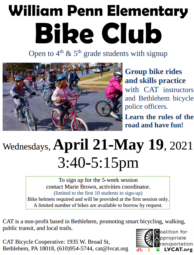 Bike Club at William Penn Elementary School | CAT-Coalition for ...